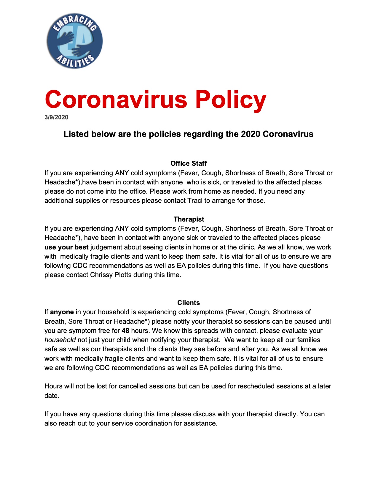 Coronavirus Policy 3 9 2020 Embracing Abilities Inc 